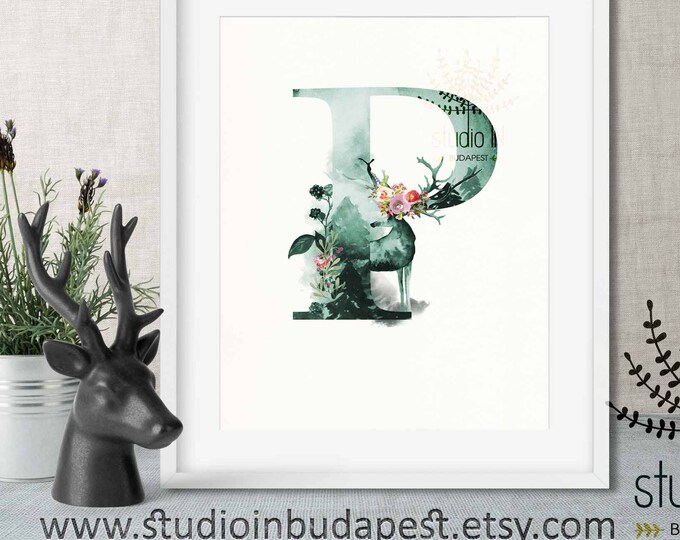 Letter P Initial or Monogram Floral Watercolor Wall Decor Printable ...