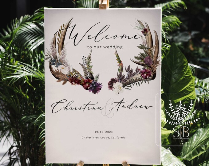 Boho Antler Welcome Sign Template for Forest Wedding and Other Woodland ...