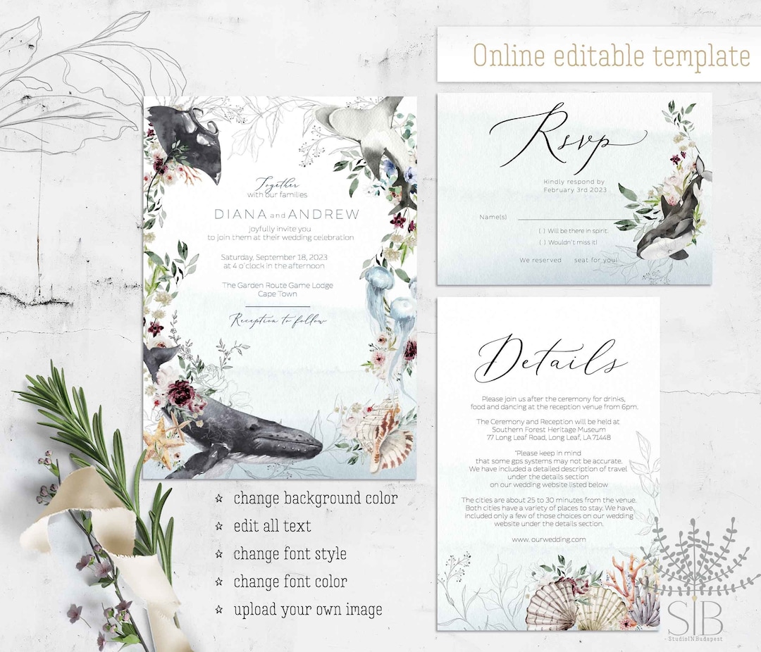 Sea Animals Event Invitation Template for Wedding and Other Ocean Life ...