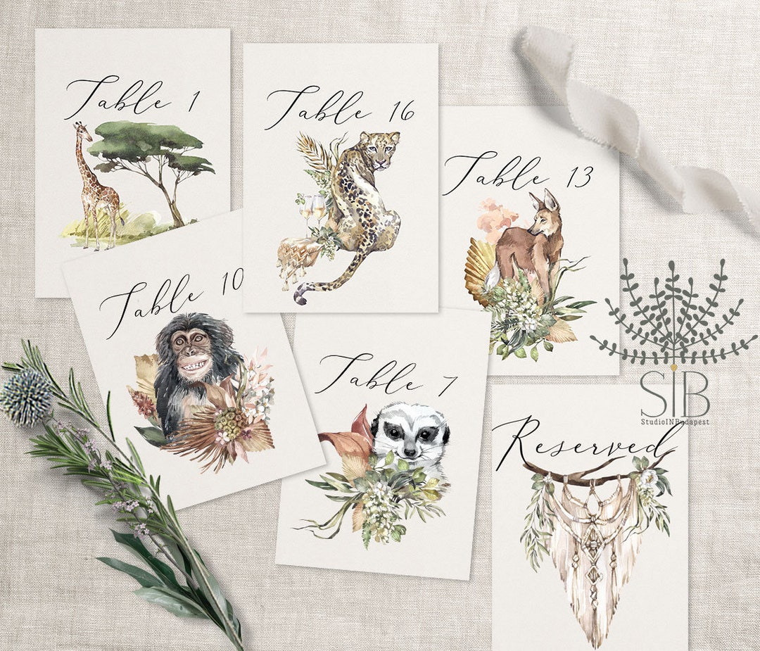 Animals Table Number Cards, NON-EDITABLE Version of Our Boho Savanna ...
