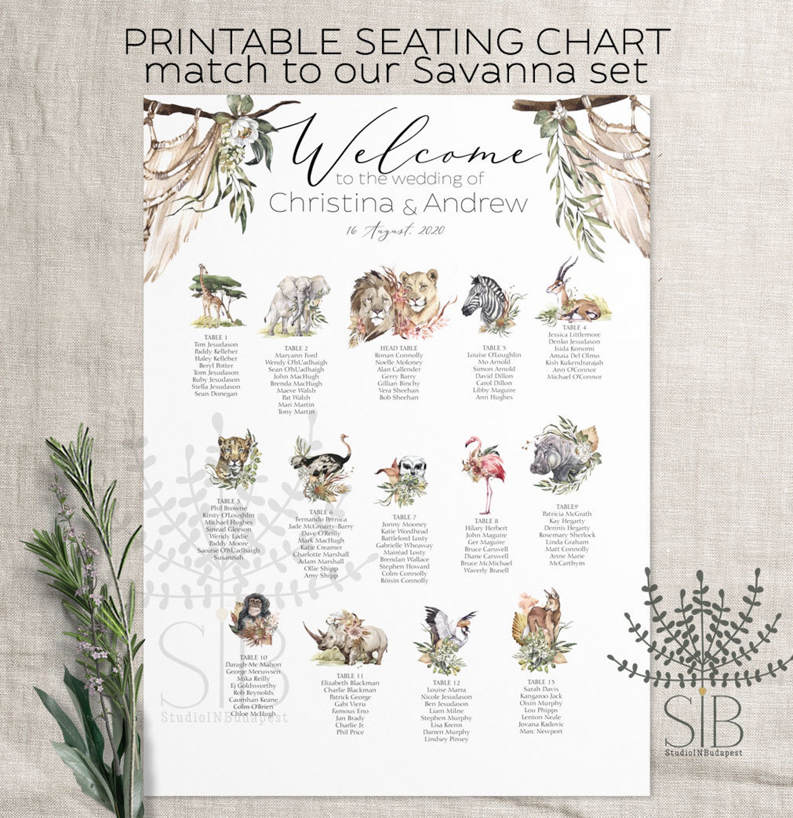 Safari Animal Seating Chart Boho Safari Wedding Seating Plan - Etsy