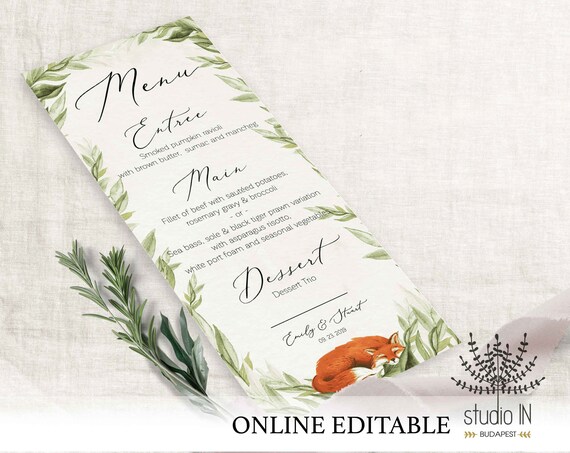Menu Fox Menu Table Card Rustic Menu Card Forest Menu Card - Etsy