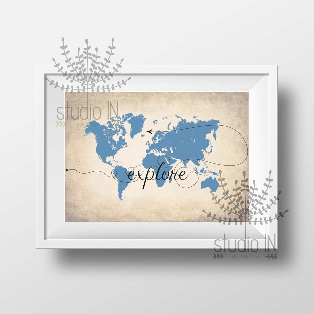 Retro Style EXPLORE World Map Print in Blue, Printable World Map ...