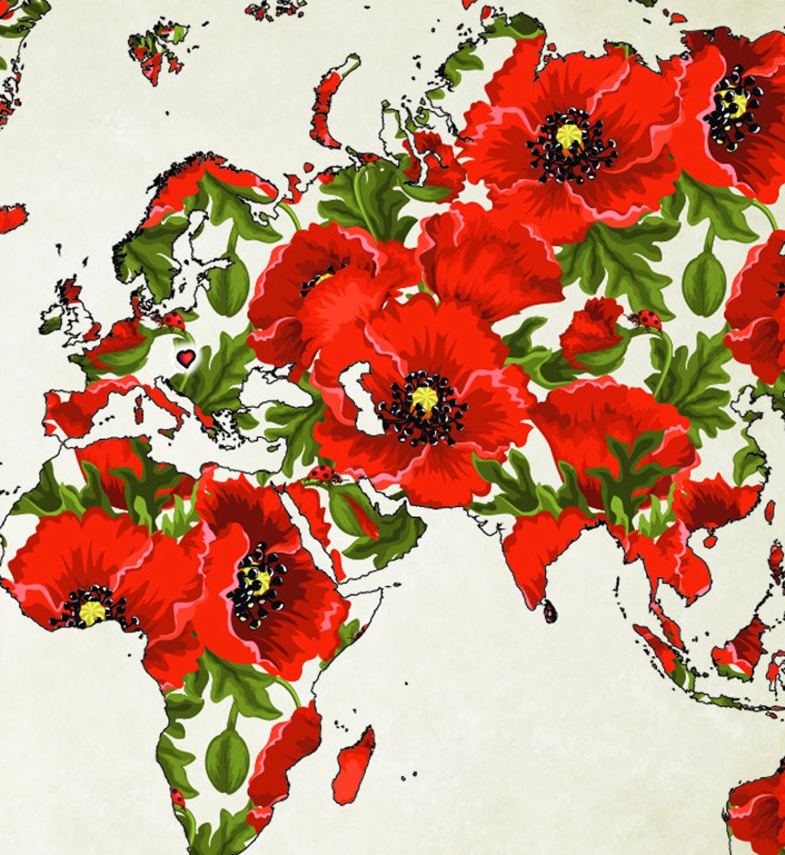WOLRD MAP POSTER poppy flowers world map art large world map | Etsy