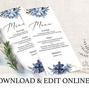 Menu Card, Blue Wedding Menu Card, Blue Table Sign, Dusty Blue Menu ...