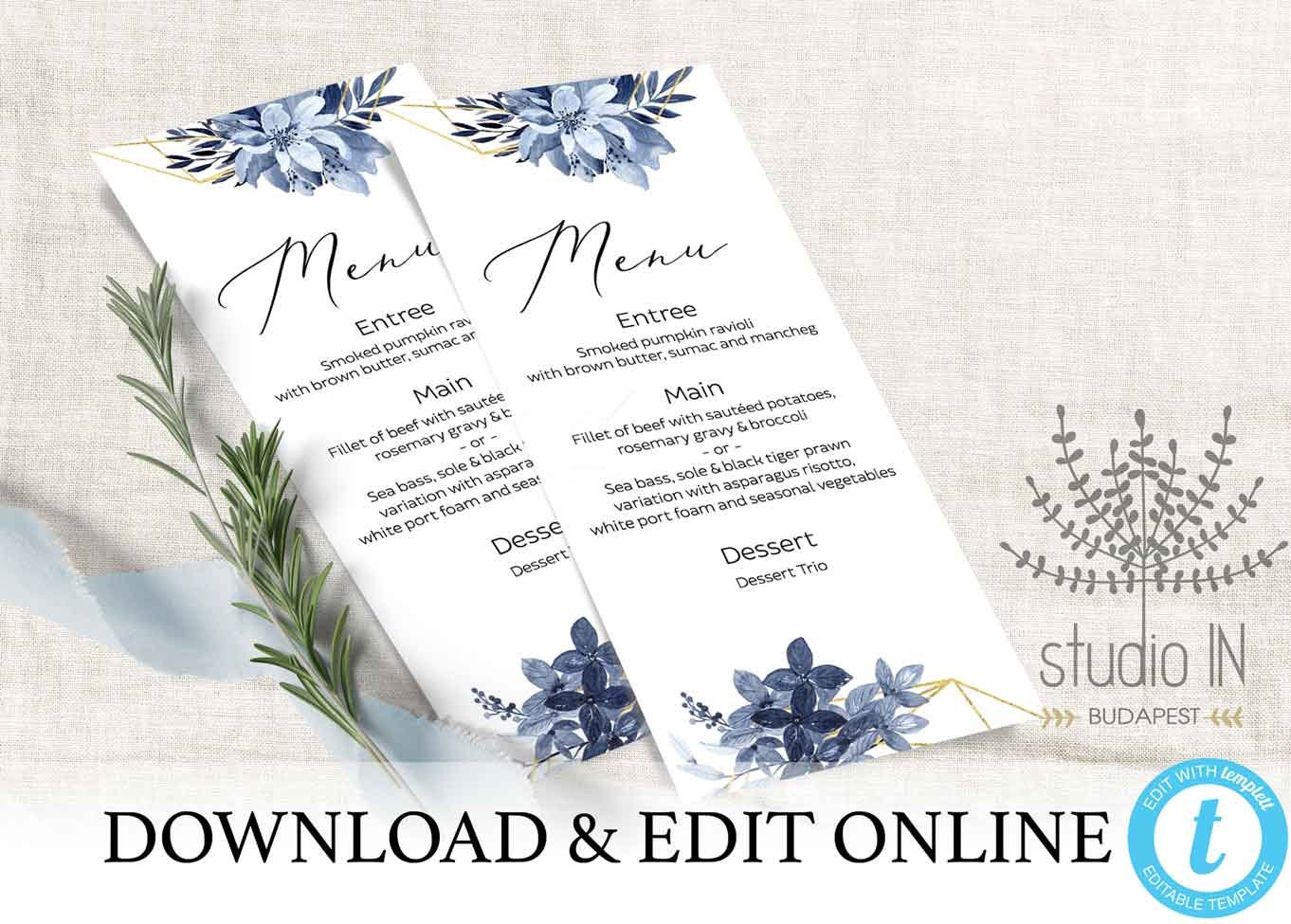 Menu card blue wedding menu card blue table sign dusty blue | Etsy