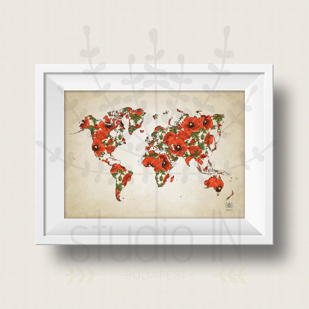 WOLRD MAP POSTER, Poppy Flowers World Map Art, Large World Map Print ...