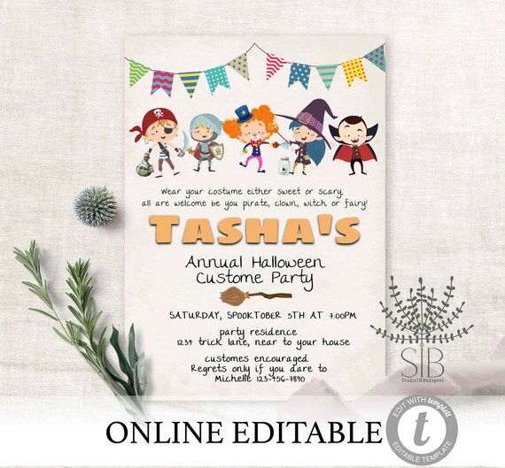 Halloween Costume Party Invitation Template for Kids Birthday - Etsy