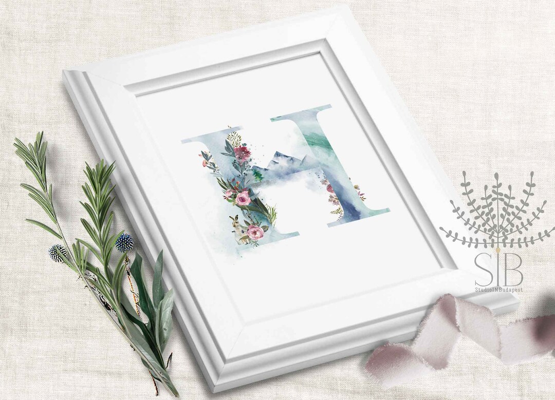 Letter H Blue Watercolor Initial or Monogram With Flowers and Leaves ...