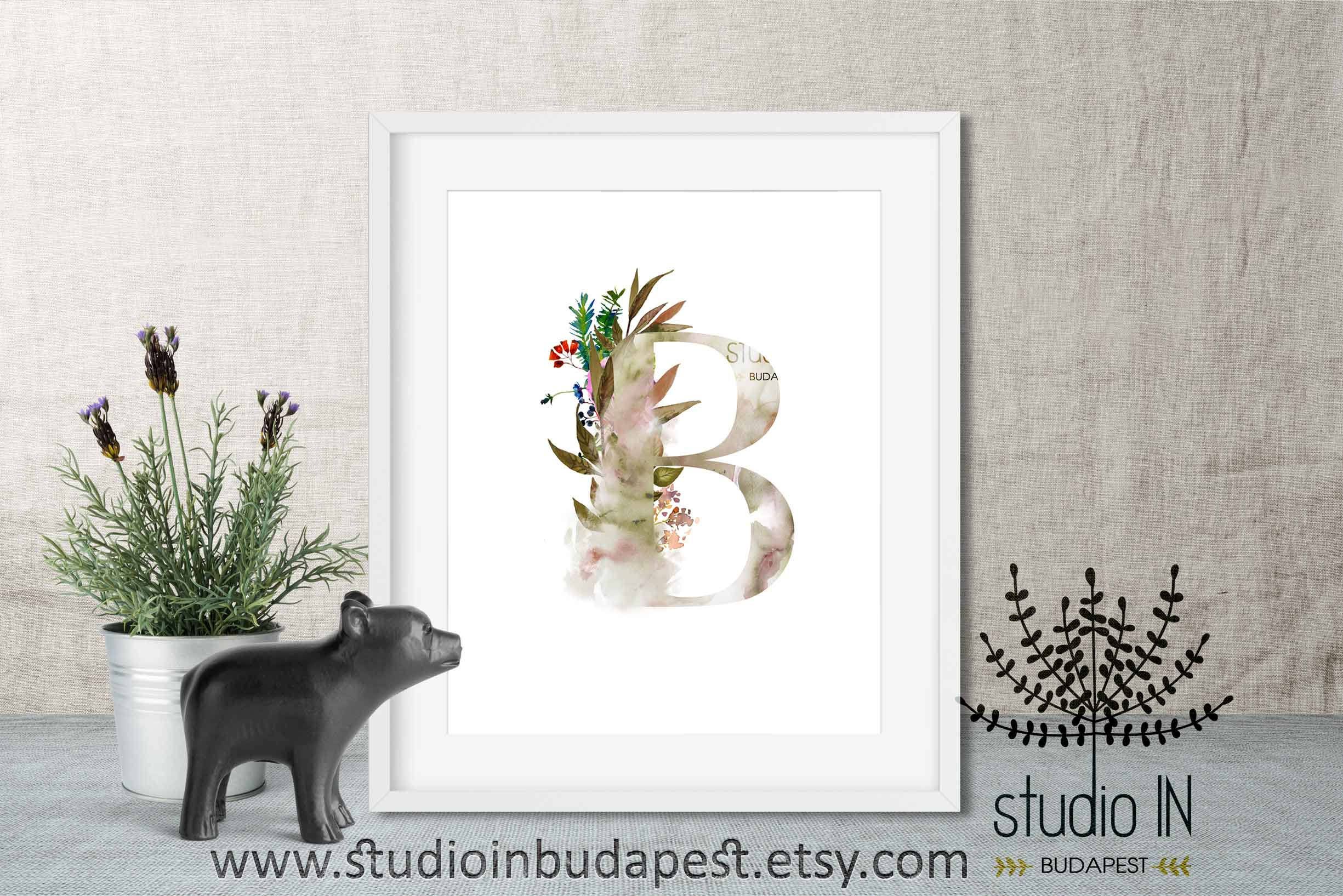 Watercolor Letter B Initial or Monogram With Flowers and Leaves Wall ...