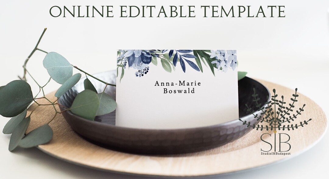 Place Card Template Blue Floral Place Card Dusty Wedding - Etsy