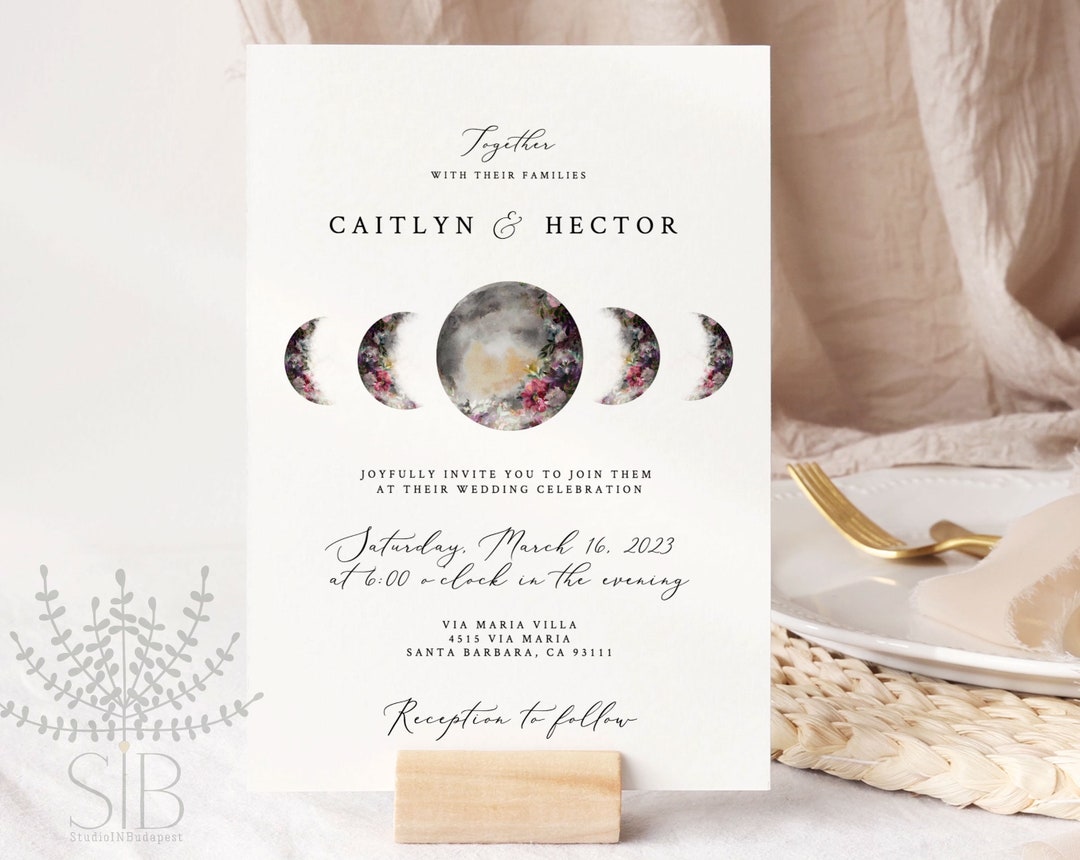 Celestial Wedding Invitation, Bohemian Floral Moon Wedding Invite ...