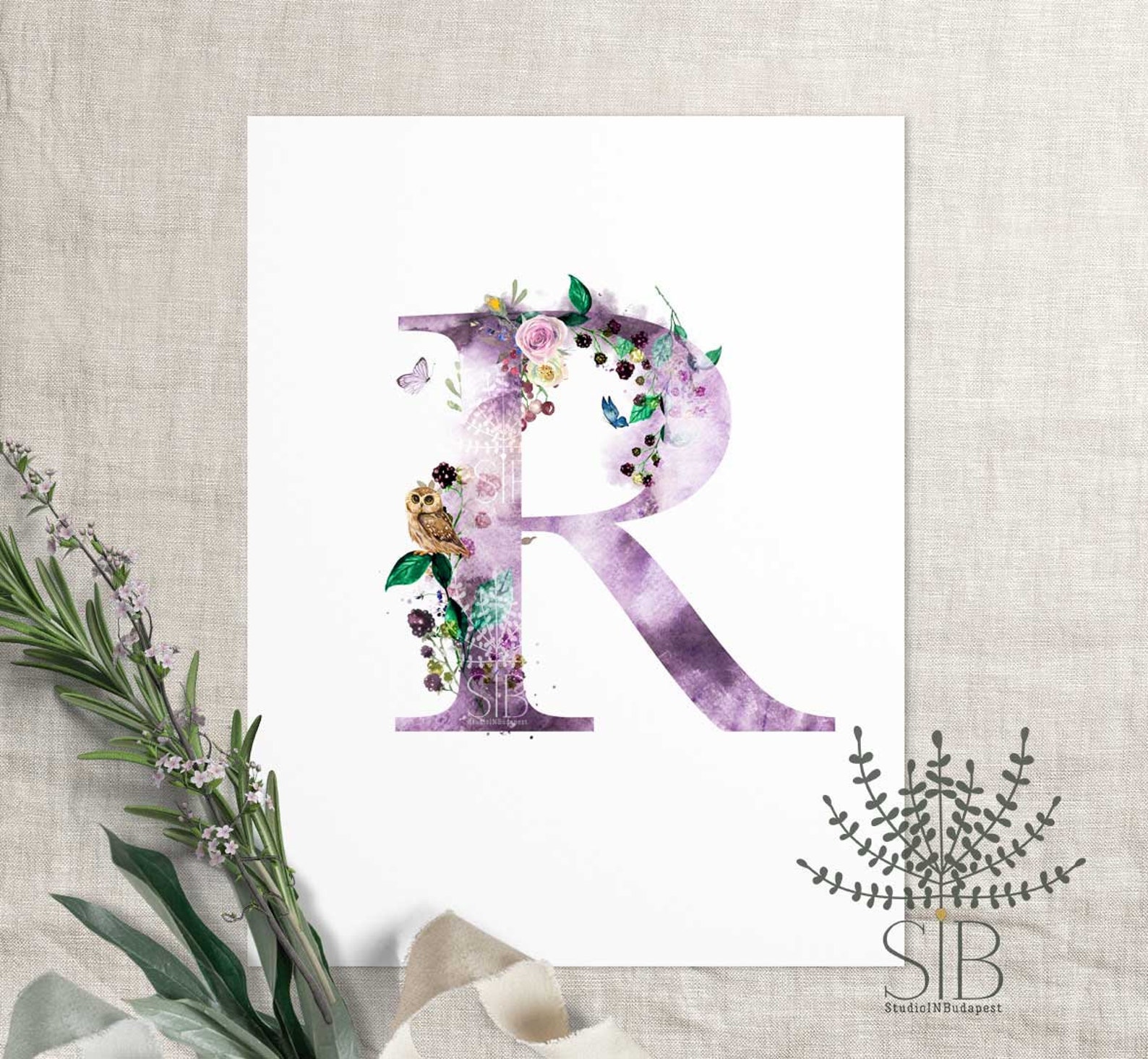 Letter R Watercolor Initial or Monogram With Purple Floral and - Etsy