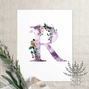 Letter R Watercolor Initial or Monogram With Purple Floral and Leaves ...