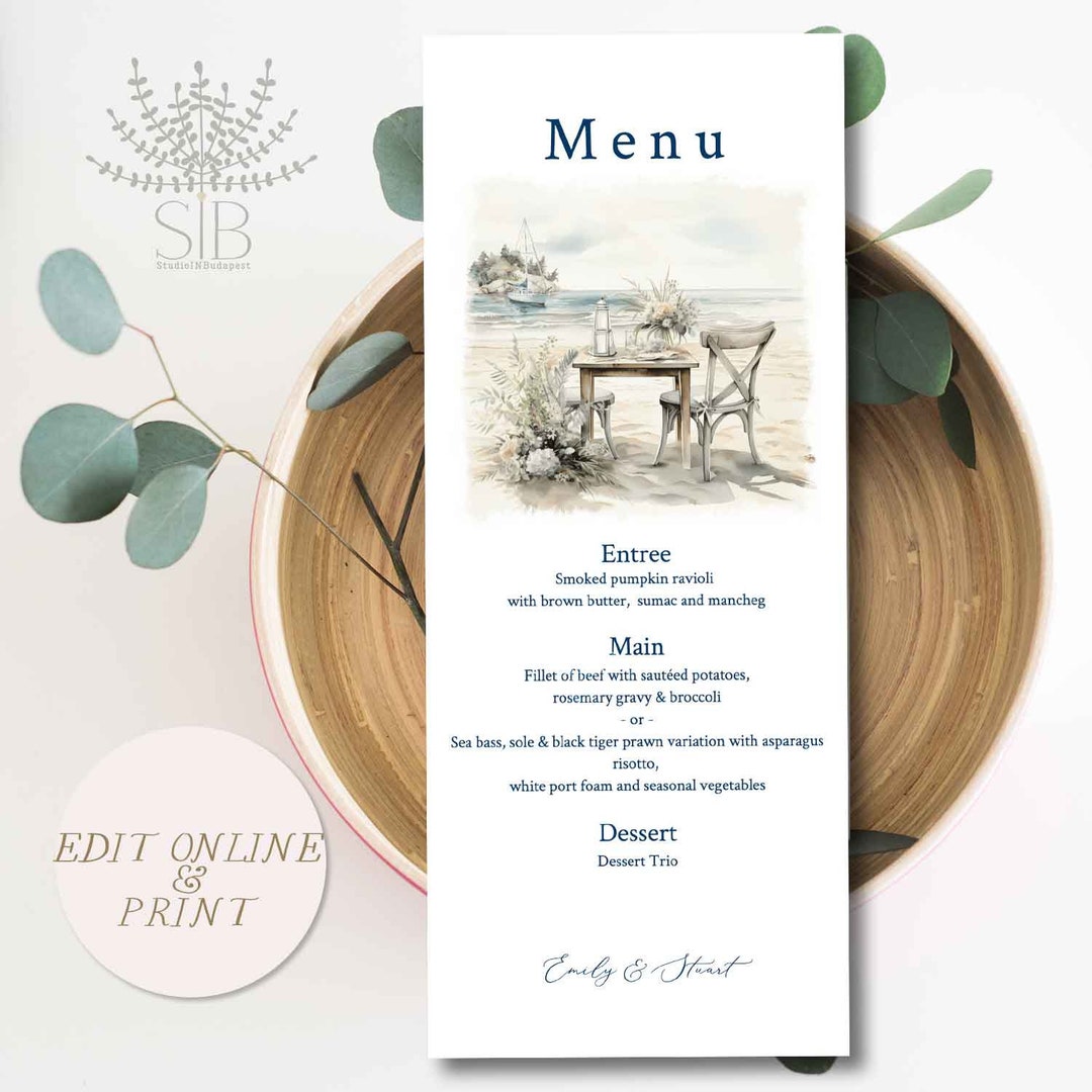 Seaside, Coastal, Menu Template, Editable Event Menu Template for Beach ...