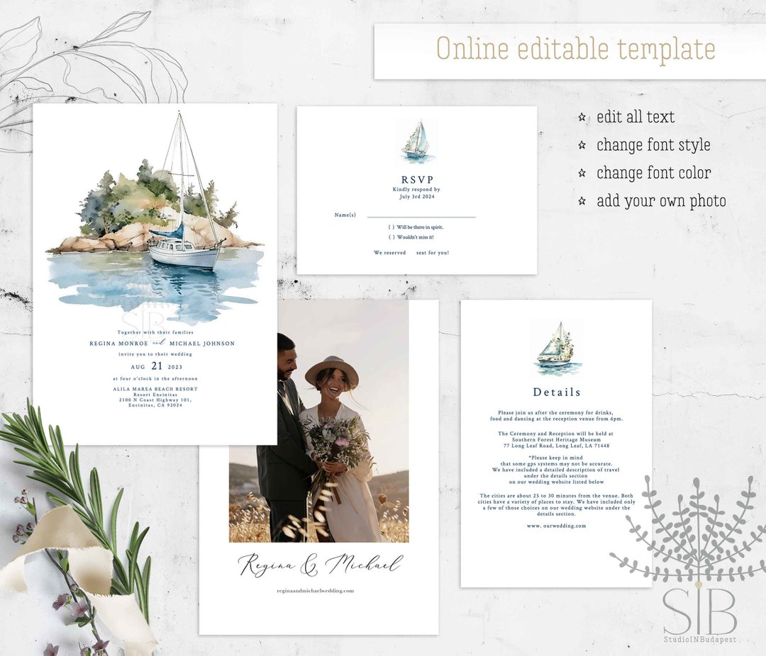 Seaside, Coastal, Boat Wedding Invitation Template, Editable Invitation ...