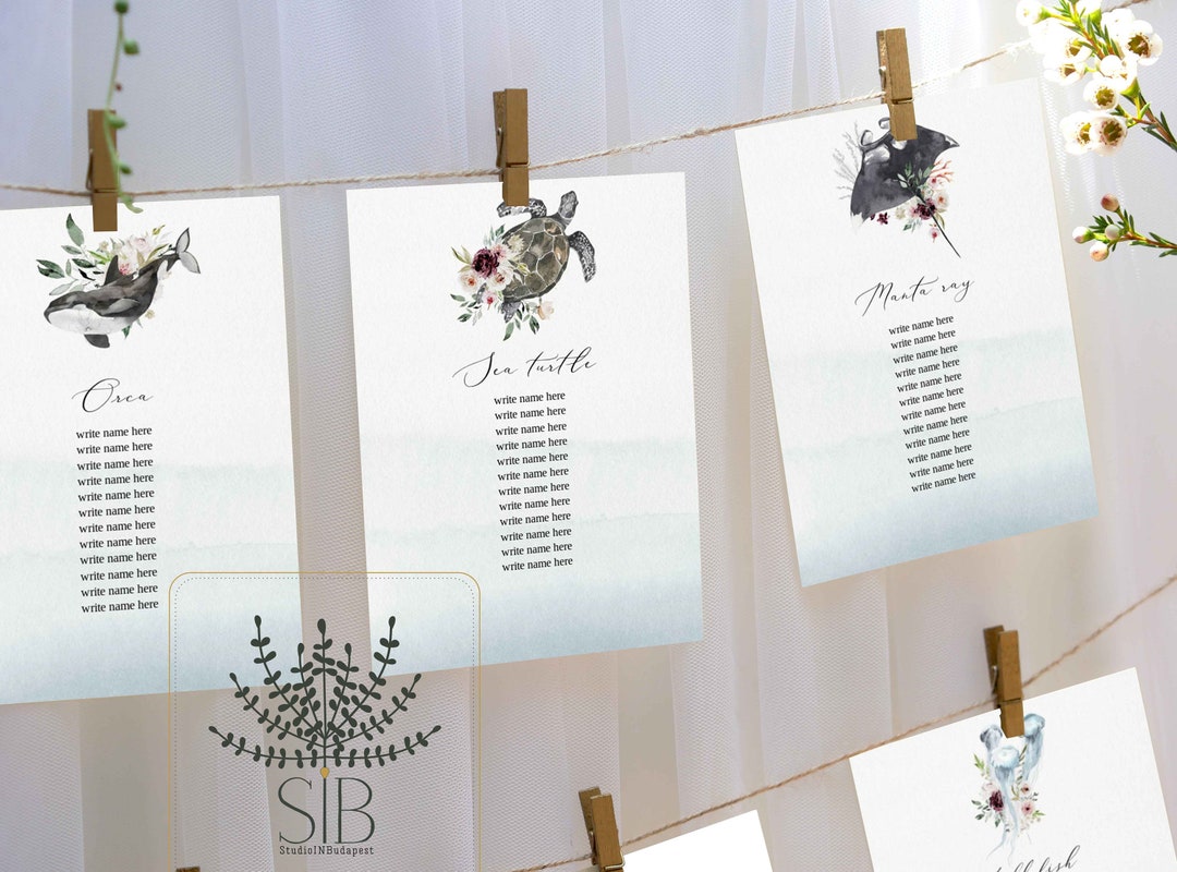 Ocean Life Seating Card, Sea Animals Wedding, Nautical Wedding Card ...