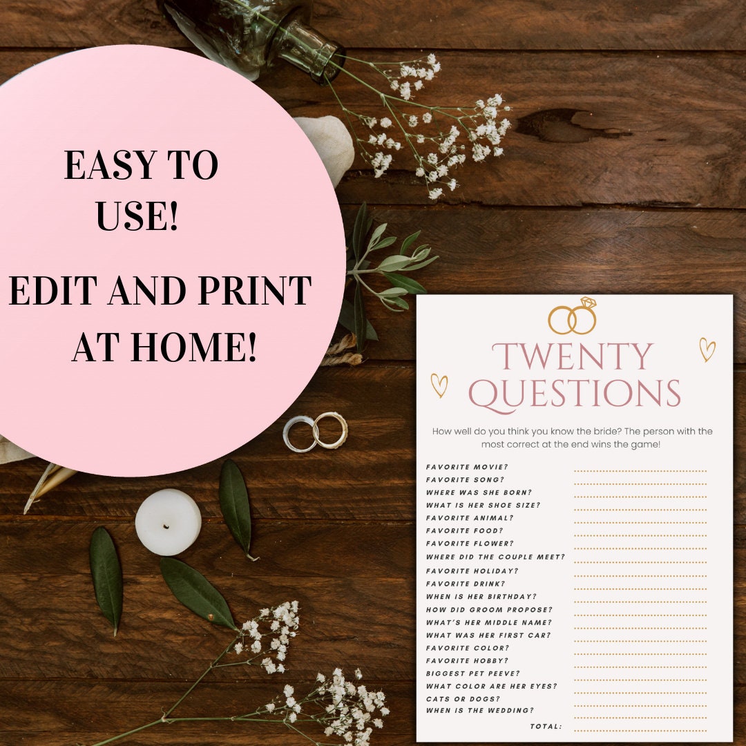 20 Questions Bridal Shower Games, Printable Bridal Shower Games ...