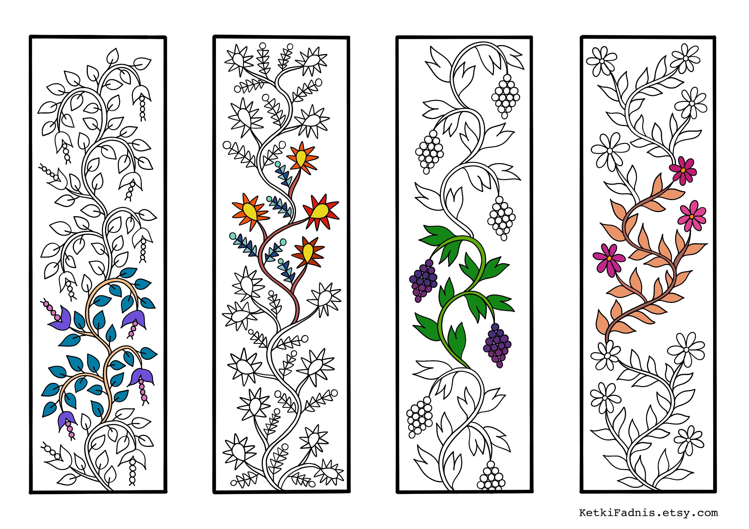 Flowers 3 Coloring bookmarks bookmarks coloring page | Etsy