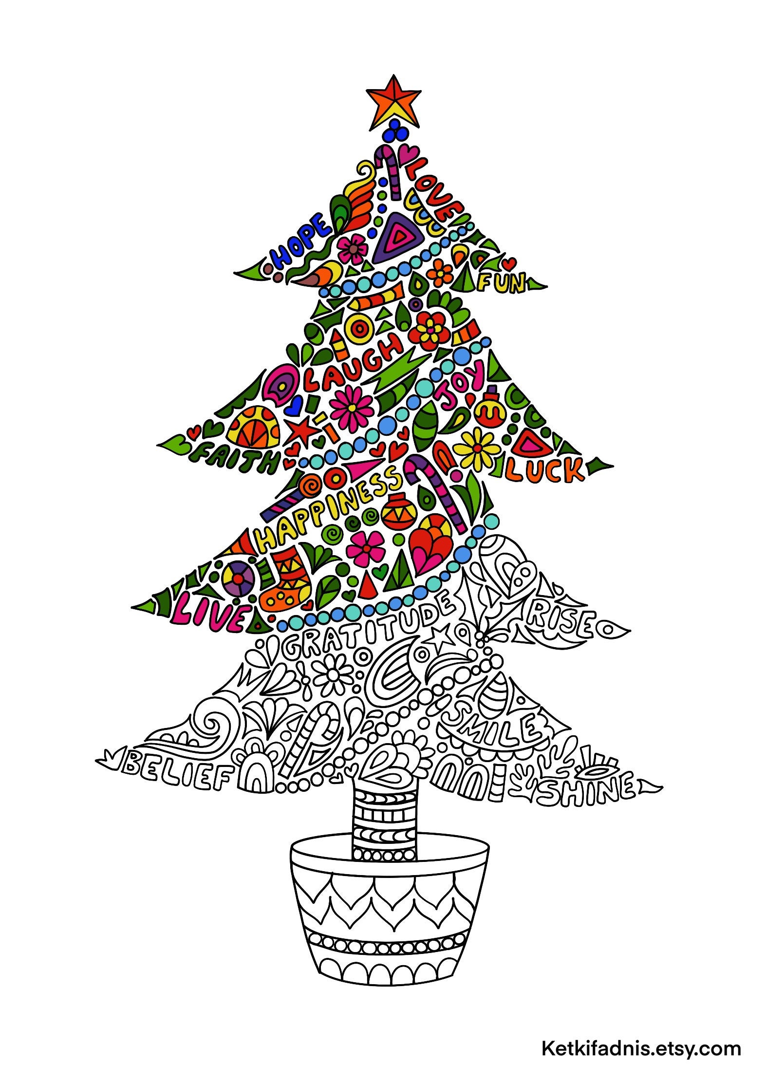 Christmas Tree Coloring Page Instant PDF Download Digital Download Hand ...