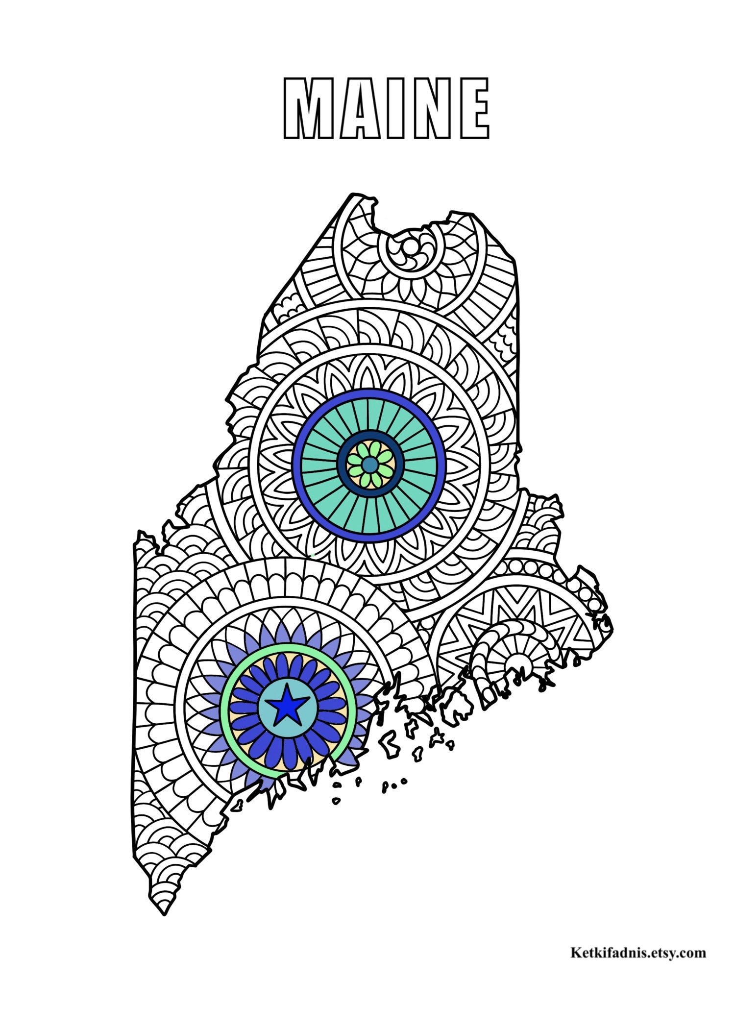 Maine Map Colouring Page Digital Download PDF Zentangle - Etsy