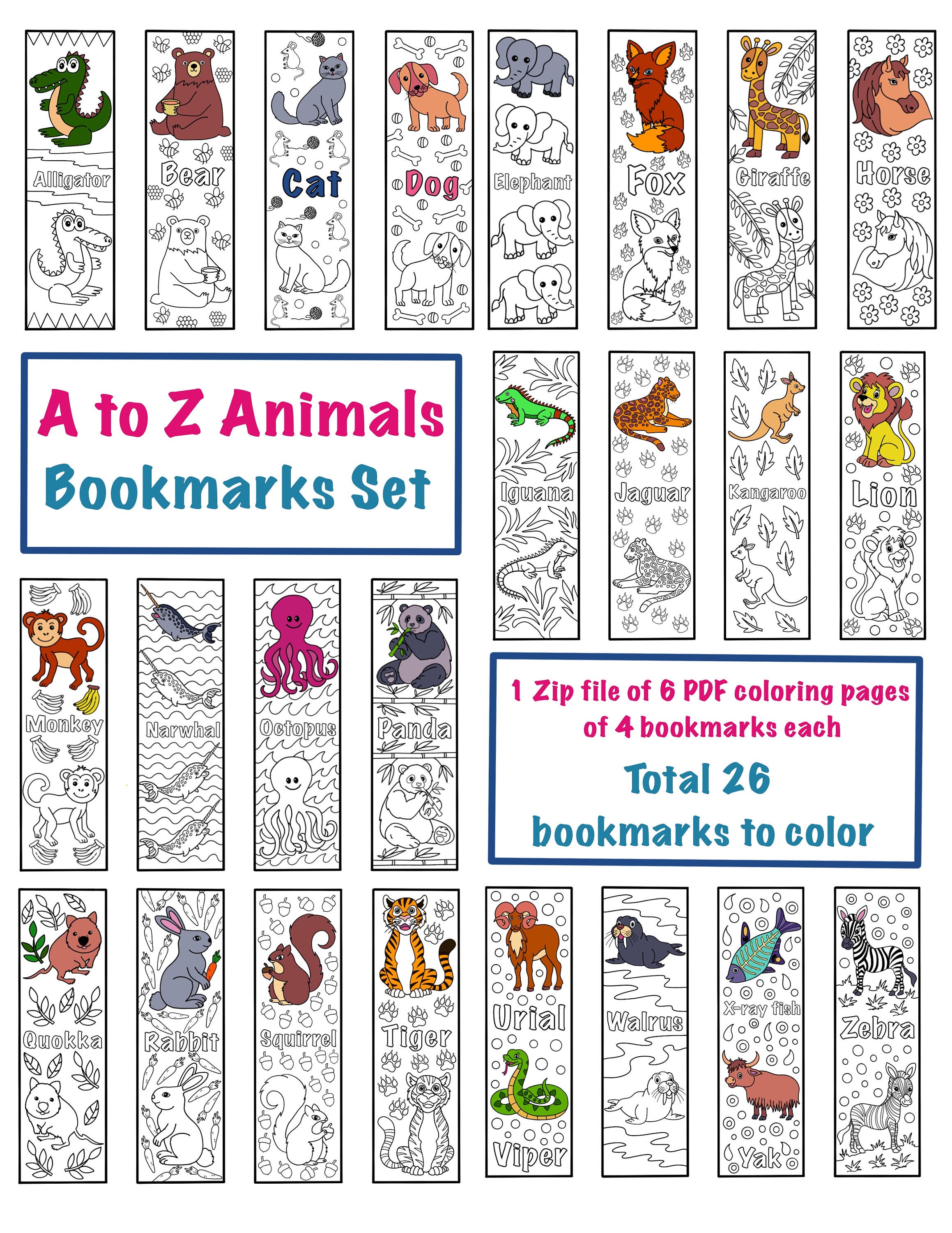 Animals Coloring Bookmarks Bookmarks Coloring Page Instant - Etsy
