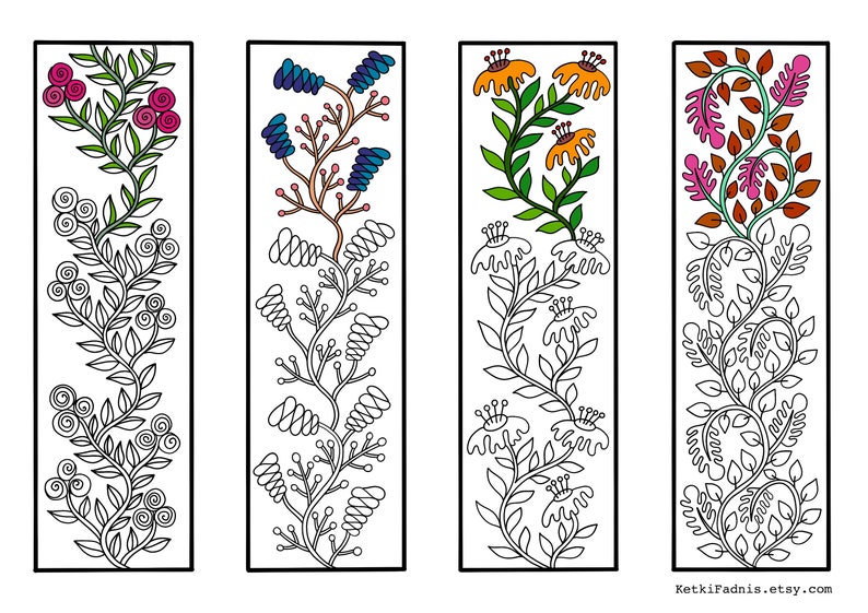 Flowers 5 Coloring Bookmarks Bookmarks Coloring Page - Etsy