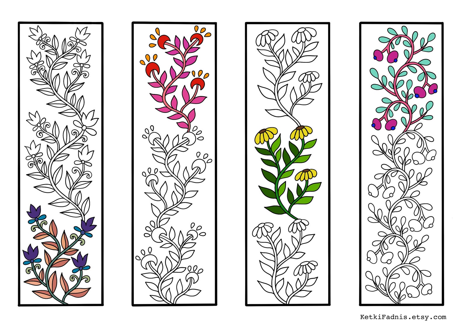 Flowers 6 Coloring Bookmarks Bookmarks Coloring Page - Etsy