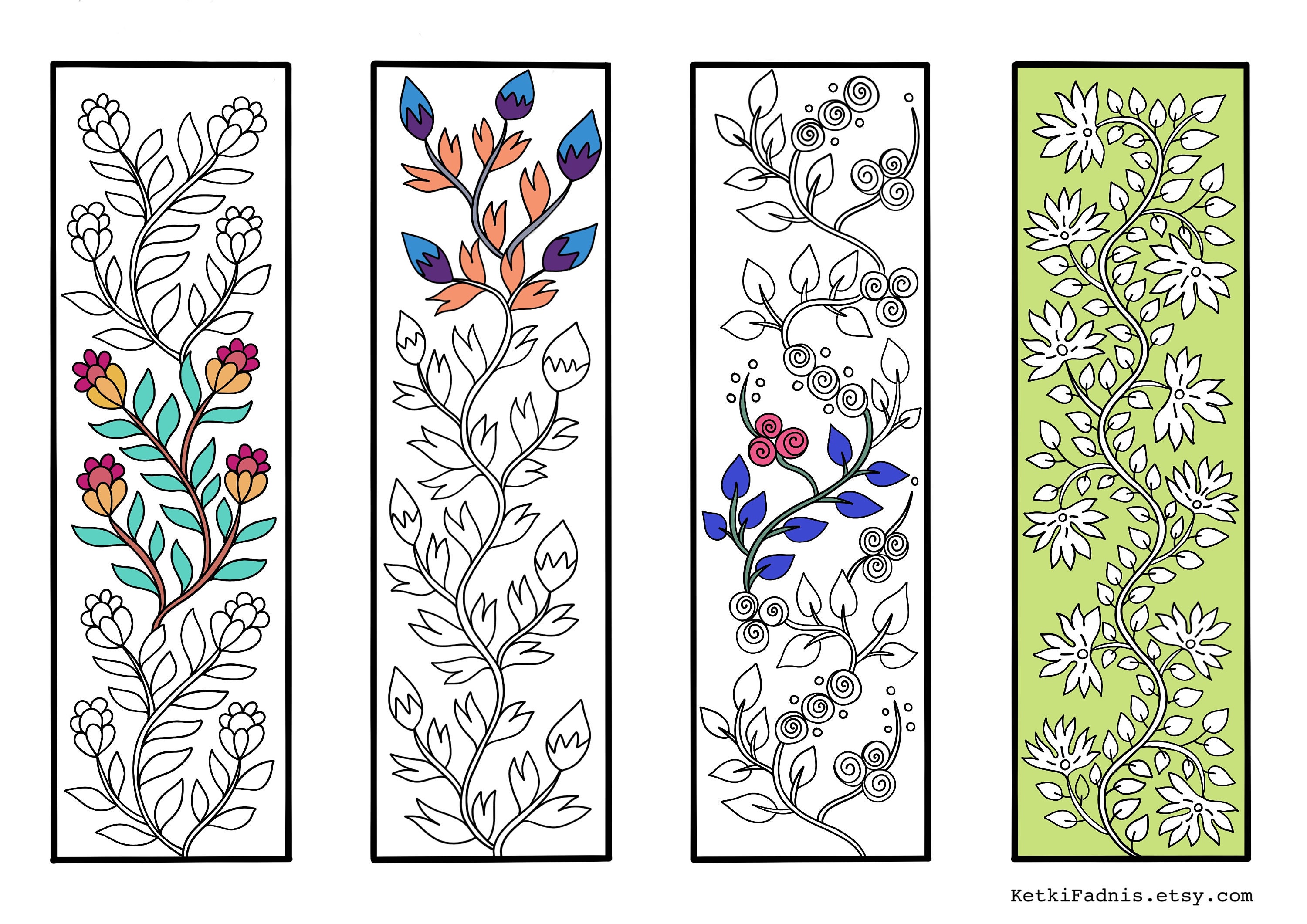 Flowers 1 Coloring Bookmarks Bookmarks Coloring Page Instant PDF ...