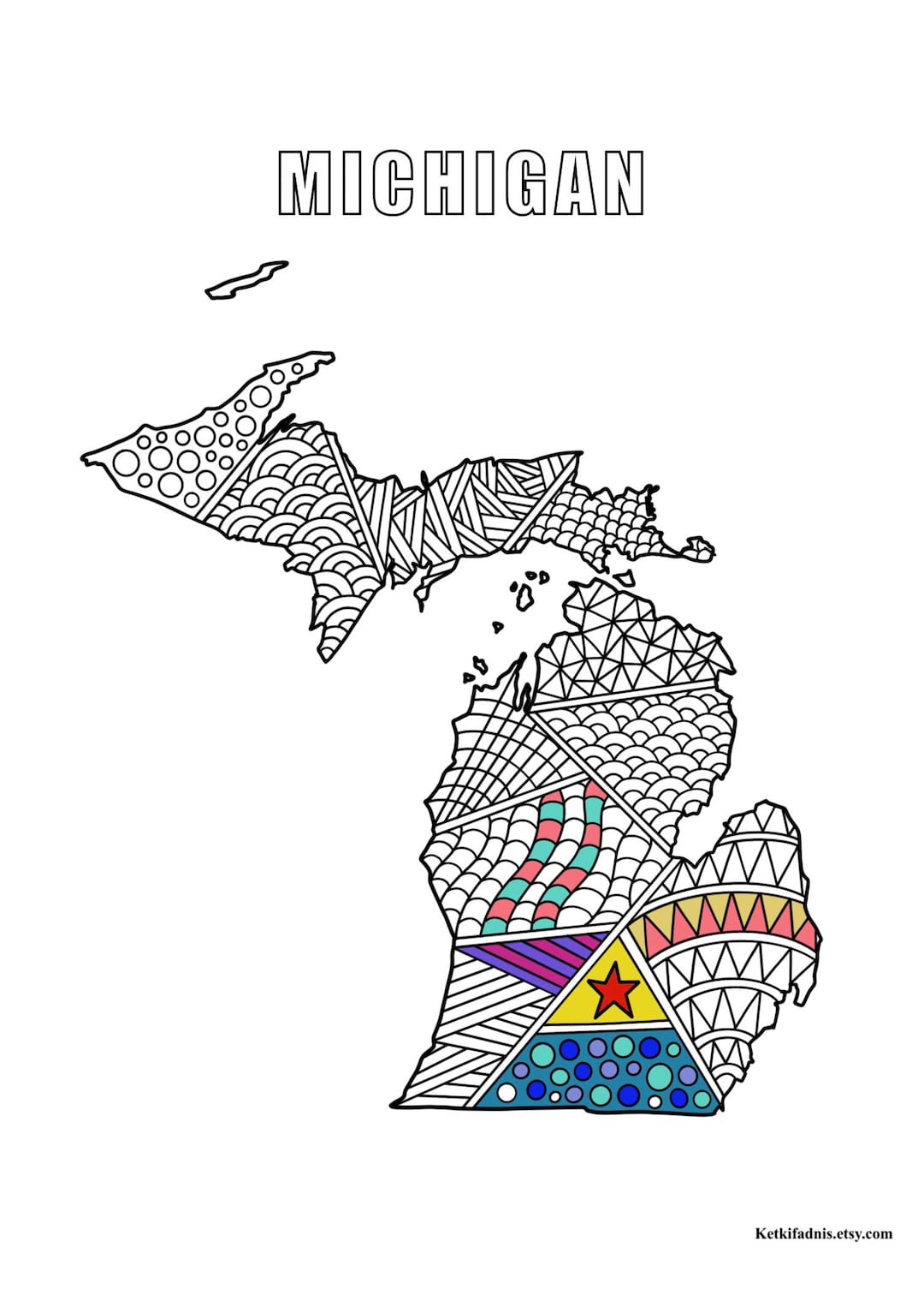 Michigan Map Colouring Page Digital Download PDF Zentangle - Etsy