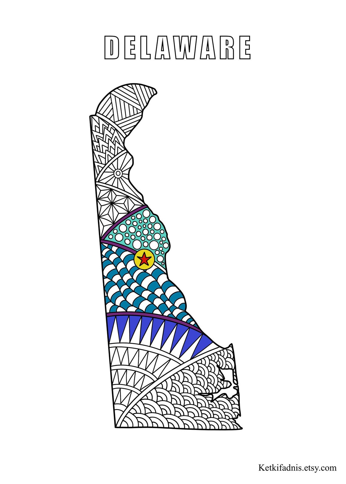 Delaware Map Colouring Page Digital Download PDF Zentangle - Etsy