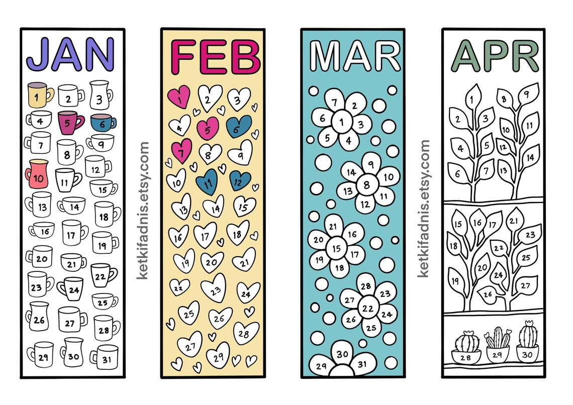 Bookmark Calendar Reading Tracker Bookmark PDF Printable and Coloring ...
