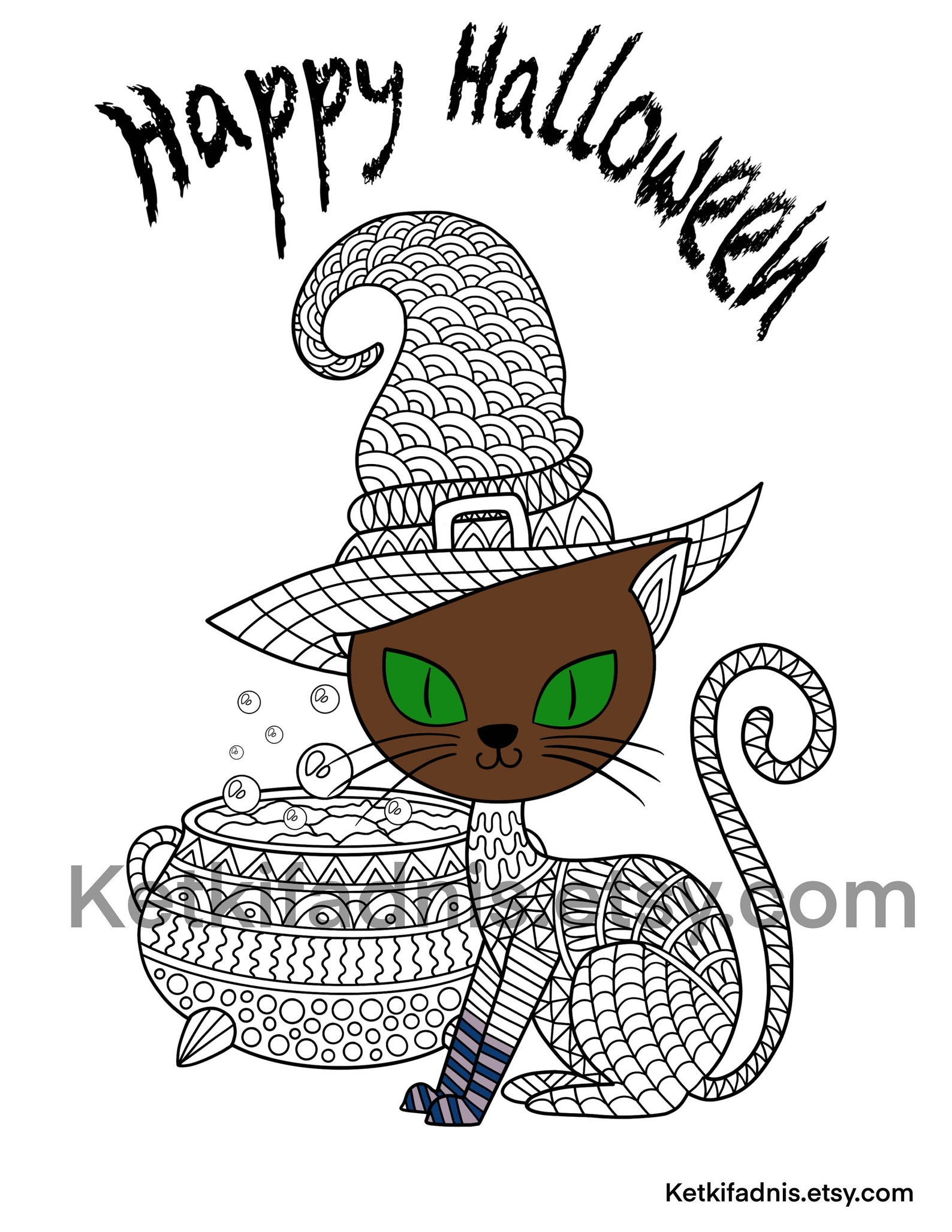 Cat in Witch Hat Colouring Page Halloween Coloring Page - Etsy