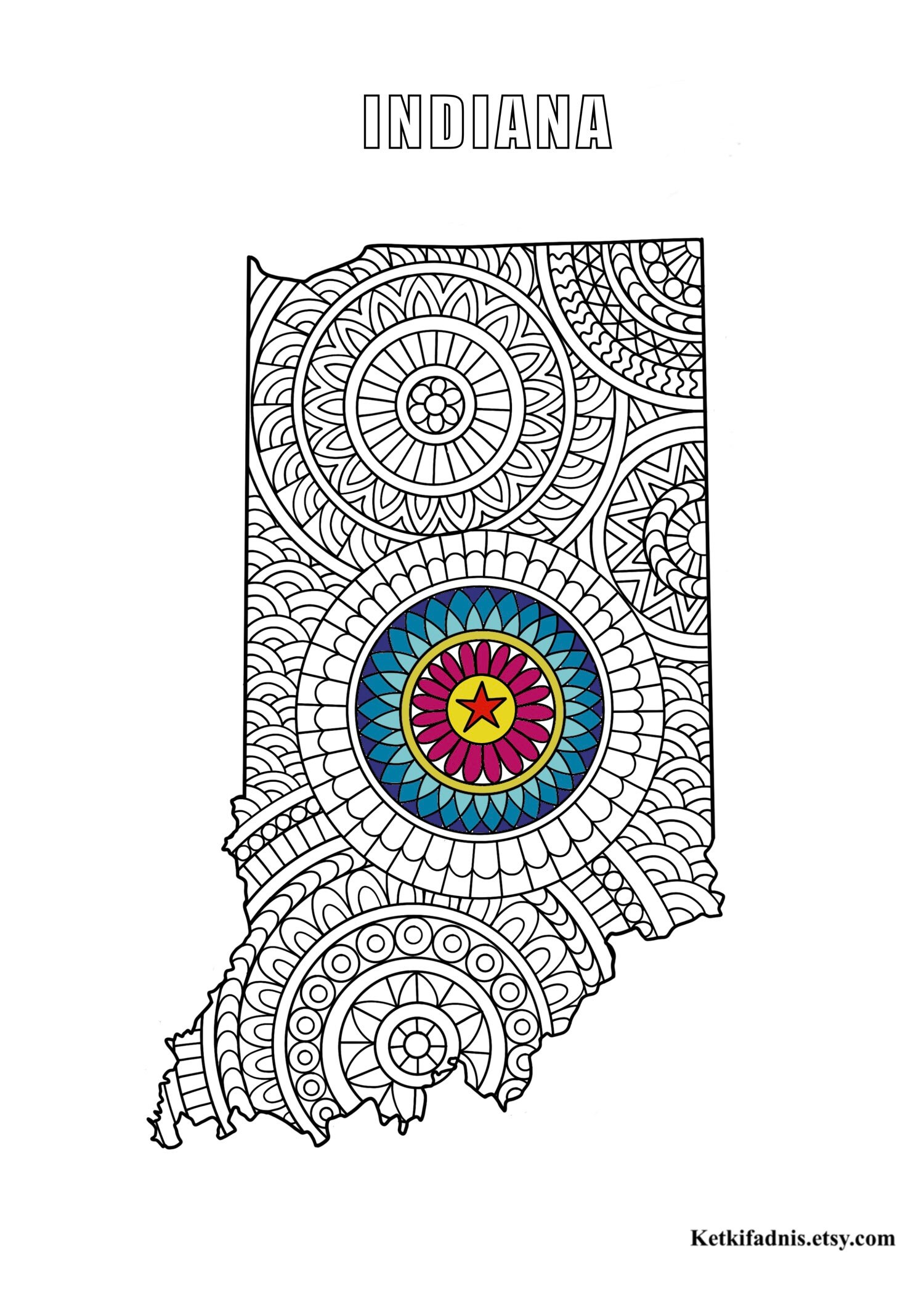 Indiana Map Colouring Page Digital Download PDF Zentangle | Etsy