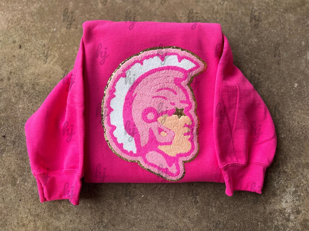 Preppy Pink Trojan Patch Sweatshirt, Chenille Mascot, School Spirit ...