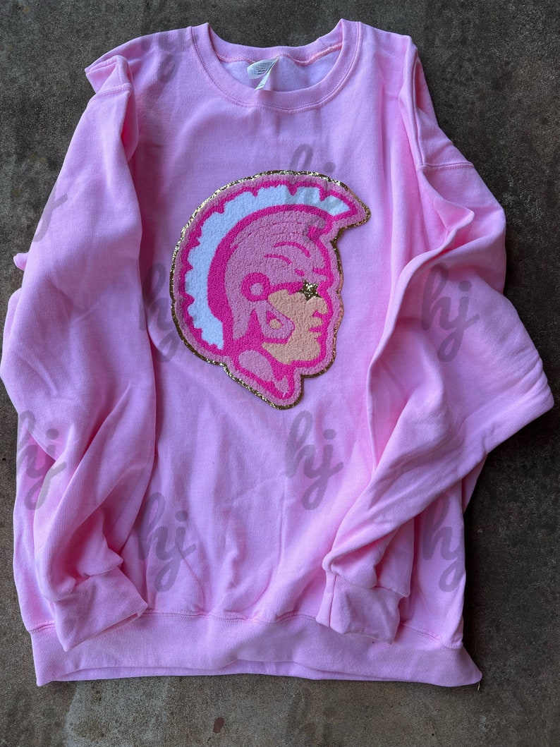 Preppy Pink Trojan Patch Sweatshirt, Chenille Mascot, School Spirit, Trojan Team Mascot, October ...