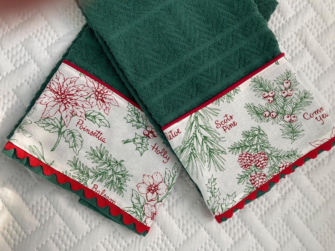 Christmas Kitchen Towels Set of 2, Handmade Botanical Green Holiday ...