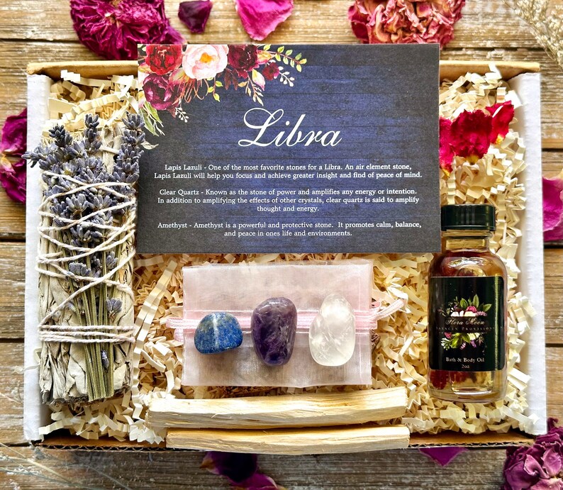 Libra Zodiac Gift Box: Crystal Set, Sage, Palo Santo, Fragrance Oil - Etsy
