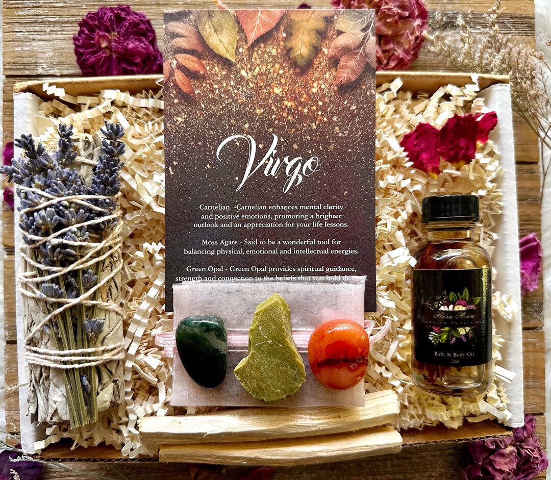 Virgo Zodiac Crystal Gift Box: Astrology Stones, Cleansing Sage - Etsy