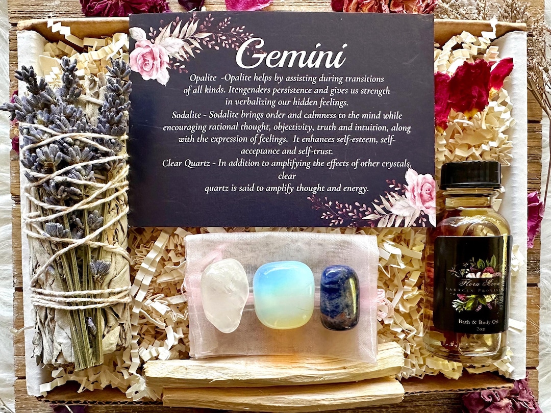 Gemini Zodiac Gift Box: Crystal Set, Sage, Fragrance Oil - Etsy