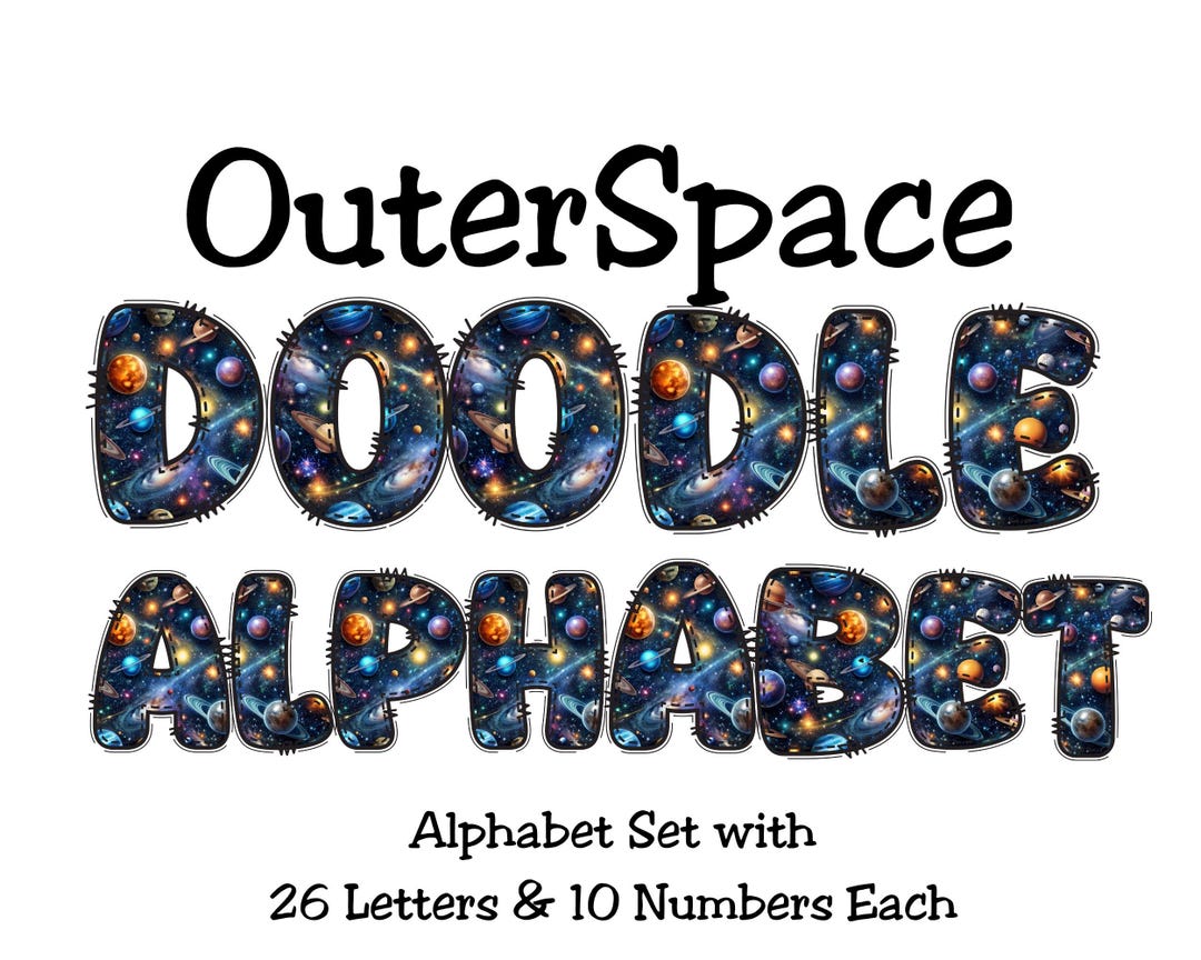 Outerspace Doodle Alphabet Set, Space Letters and Numbers Clipart for ...