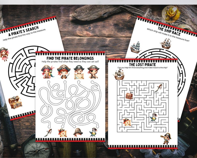 Pirate Party Printable Game Maze Puzzle Pack of 4, Pirate Birthday ...