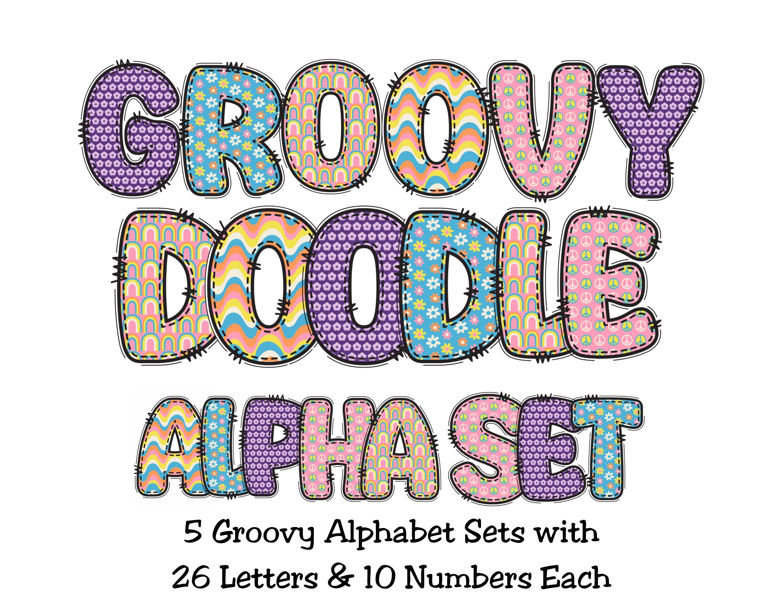Groovy Alphabet Clipart Set, Doodle Alphabet Flower Letters Floral ...