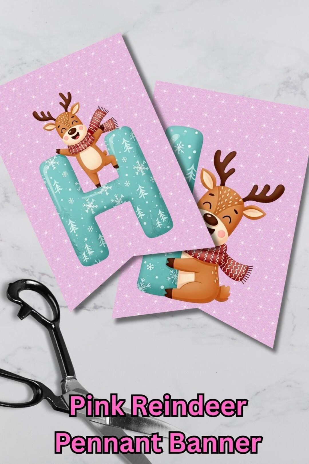 Pink Reindeer Christmas Banner Digital Pennant Alphabet Letters A-Z ...
