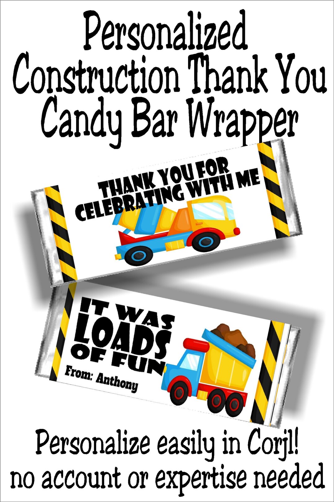 Construction Birthday Thank You Candy Wrappers, Personalized Heavy ...