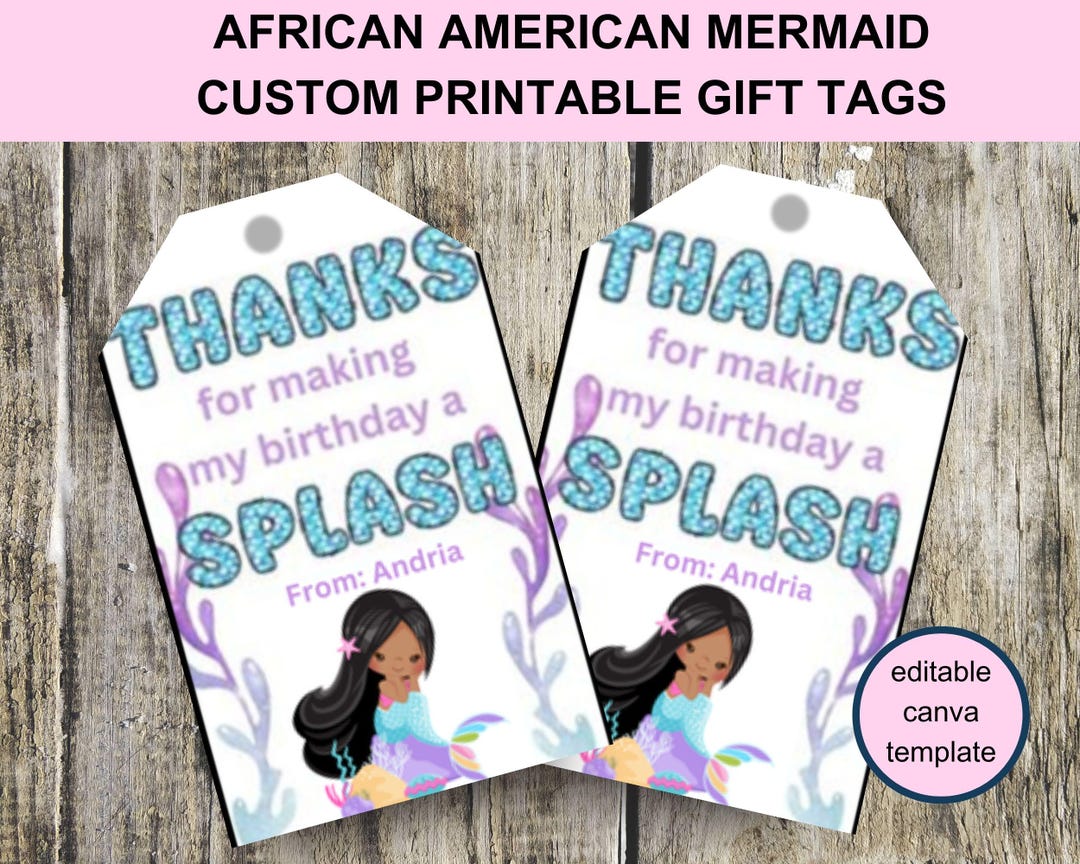African American Mermaid Gift Tag Printable, Mermaid Party Gift Tag ...