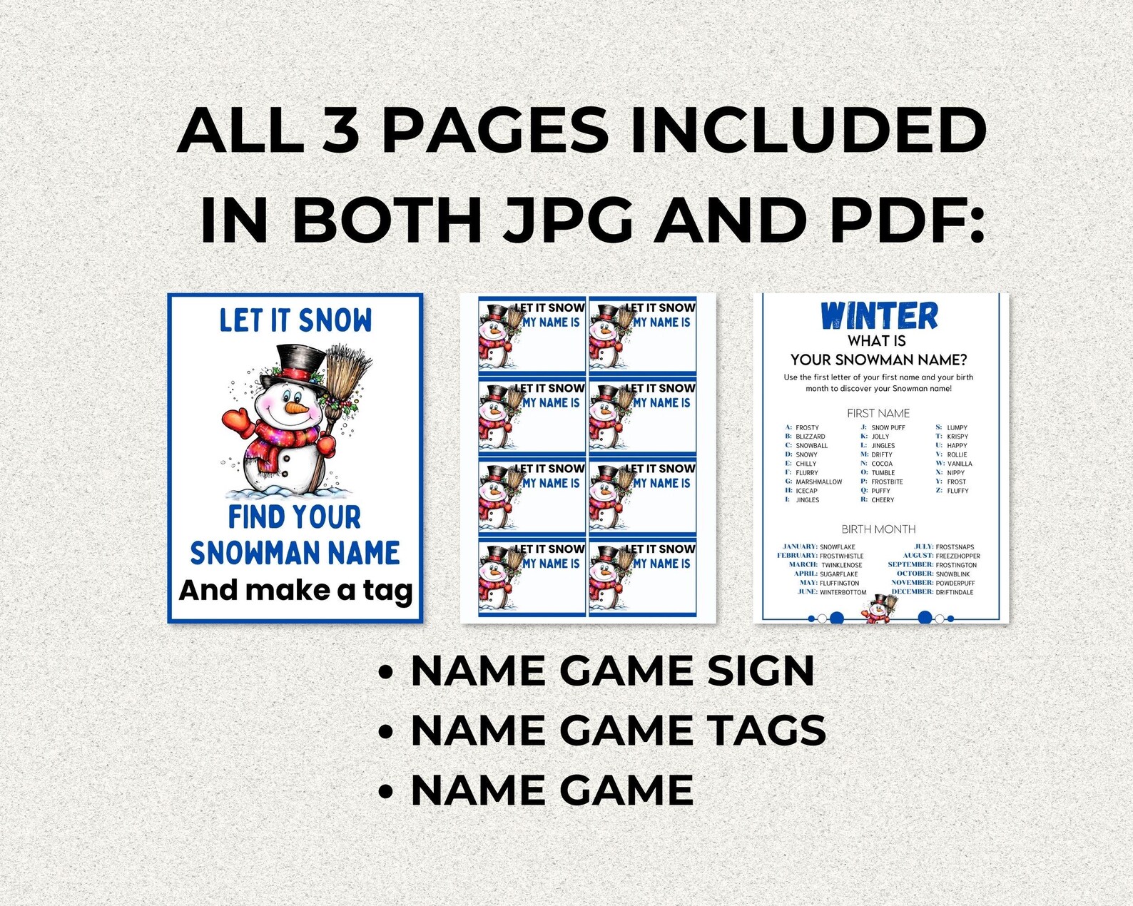 Whats Your Christmas Snowman Name Game and Name Tags, Snowman Name ...