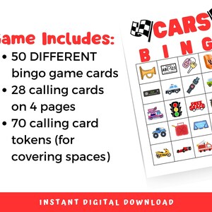 Cars Bingo Game, Party Game Printable Car Bingo Tire Marker Truck Card ...