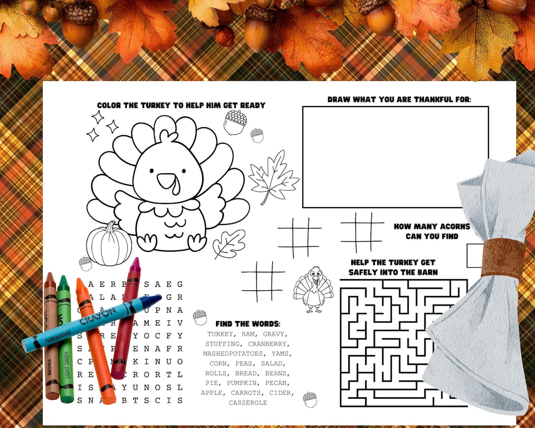 Thanksgiving Activity Placemat Printable, Kids Table Activity ...