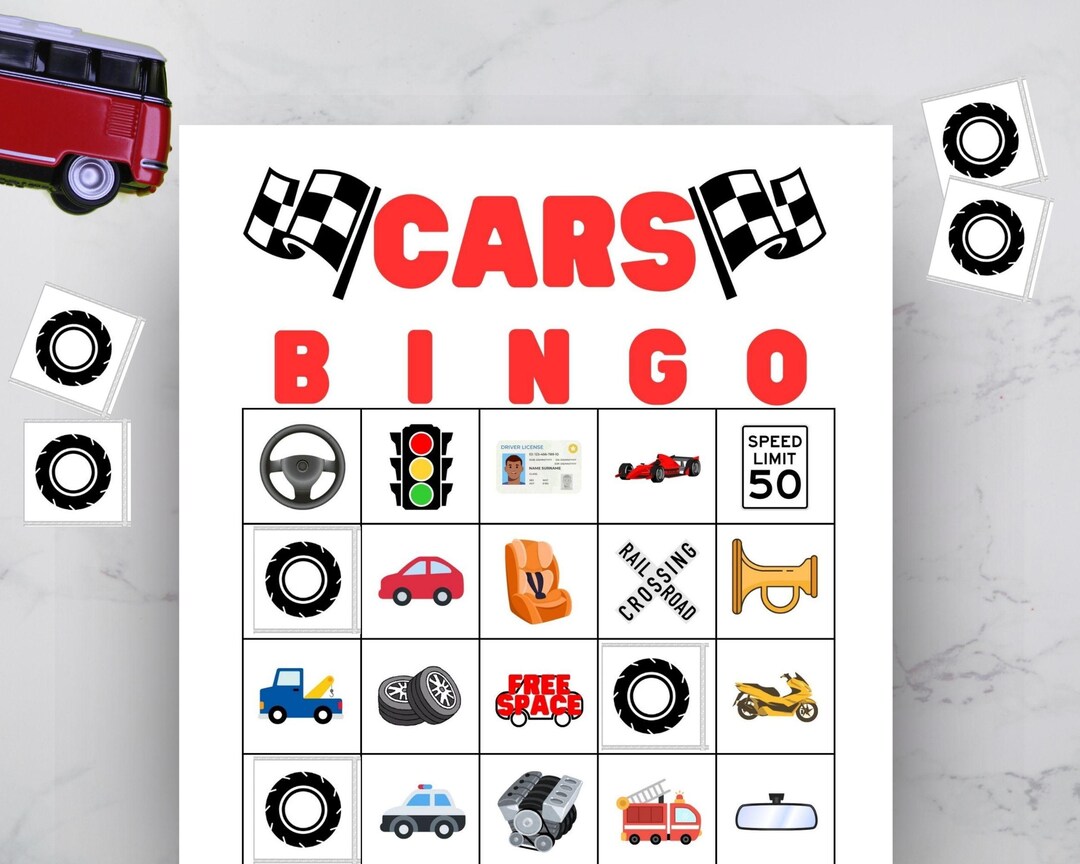 Cars Bingo Game, Party Game Printable Car Bingo Tire Marker Truck Card ...